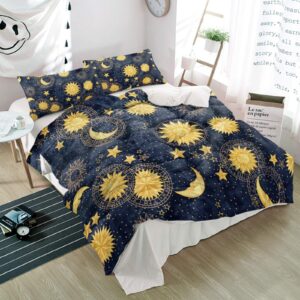 farmbed boho yellow sun moon flowers stars 3-piece bedding sets luxury soft duvet cover queen,microfiber bet comforter protector with pillow shams for women men teens,bohemian hippie art