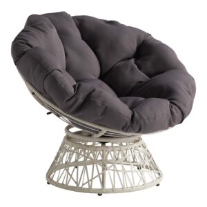 osp home furnishings wicker papasan chair with 360-degree swivel, cream frame with grey cushion