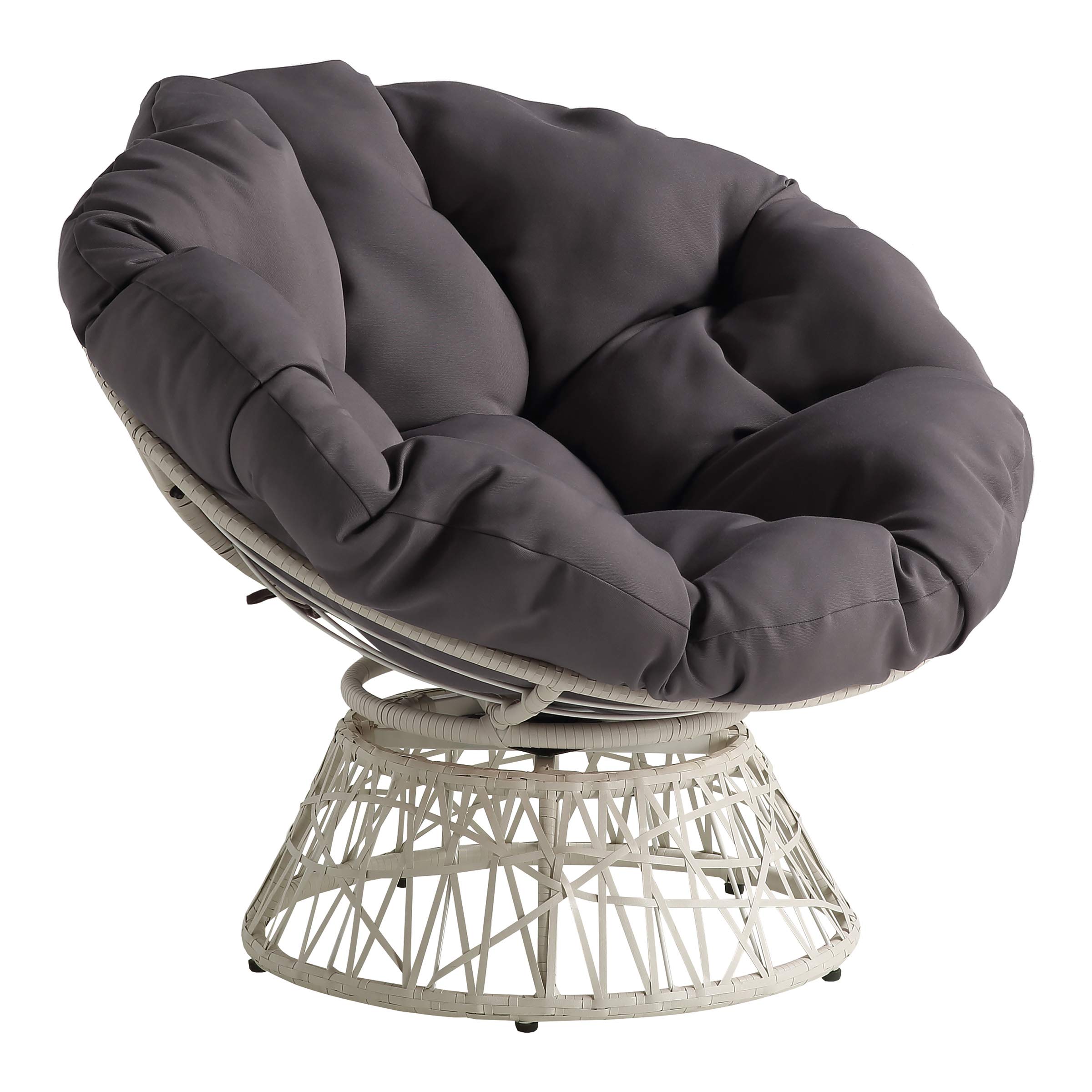 OSP Home Furnishings Wicker Papasan Chair with 360-Degree Swivel, Cream Frame with Grey Cushion