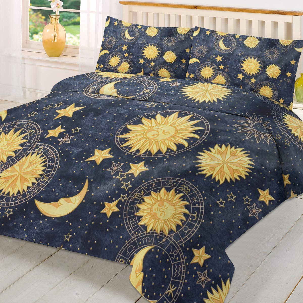 FarmBed Boho Yellow Sun Moon Flowers Stars 3-Piece Bedding Sets Luxury Soft Duvet Cover Queen,Microfiber Bet Comforter Protector with Pillow Shams for Women Men Teens,Bohemian Hippie Art