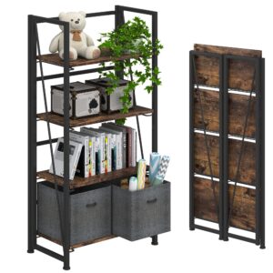 4nm no-assembly folding bookshelf storage shelves 4 tiers vintage bookcase standing racks study organizer home office (rustic brown and black)