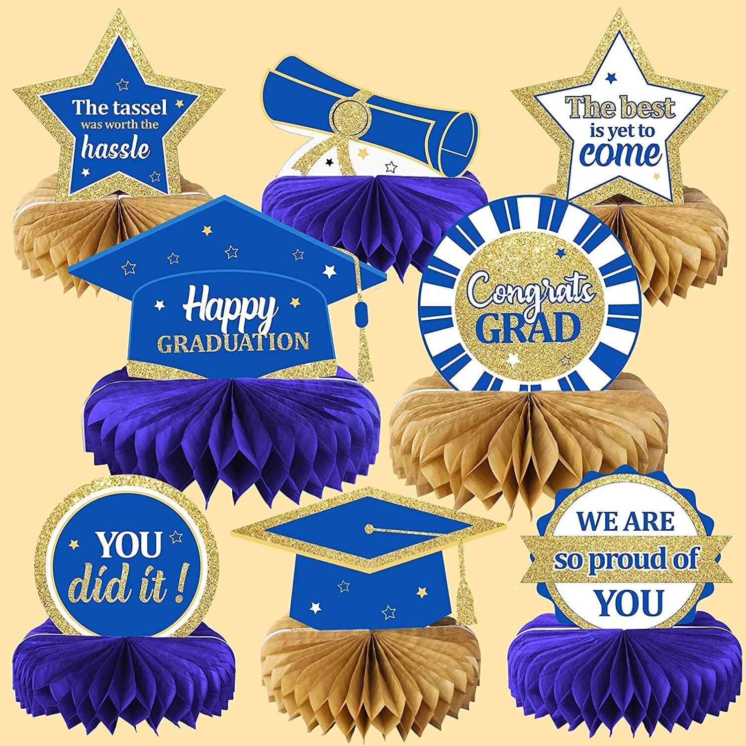 2025 Graduation Party Decorations Class of 2025 Congrats Grad Honeycomb Centerpieces Congratulate Graduation Table Toppers for Graduation Party Favor Supplies Black Gold 8Pcs