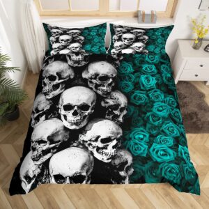 erosebridal sugar skull bedding set teal floral comforter cover gothic skull hipster duvet cover set for kids teen boys girls skeleton bones blossoms bedclothes 3pcs king size fashion bedroom decor