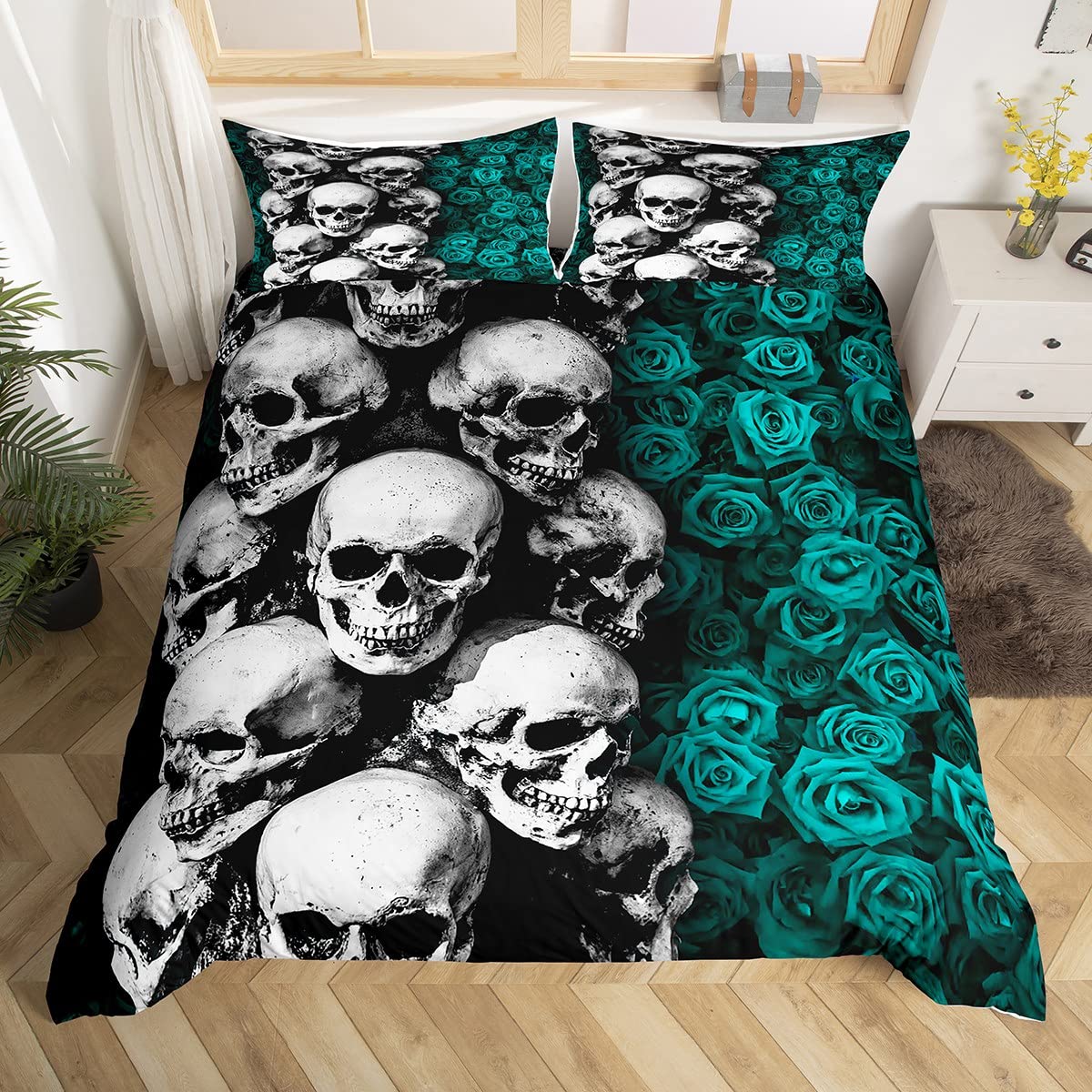 Erosebridal Sugar Skull Bedding Set Teal Floral Comforter Cover Gothic Skull Hipster Duvet Cover Set for Kids Teen Boys Girls Skeleton Bones Blossoms Bedclothes 3Pcs King Size Fashion Bedroom Decor