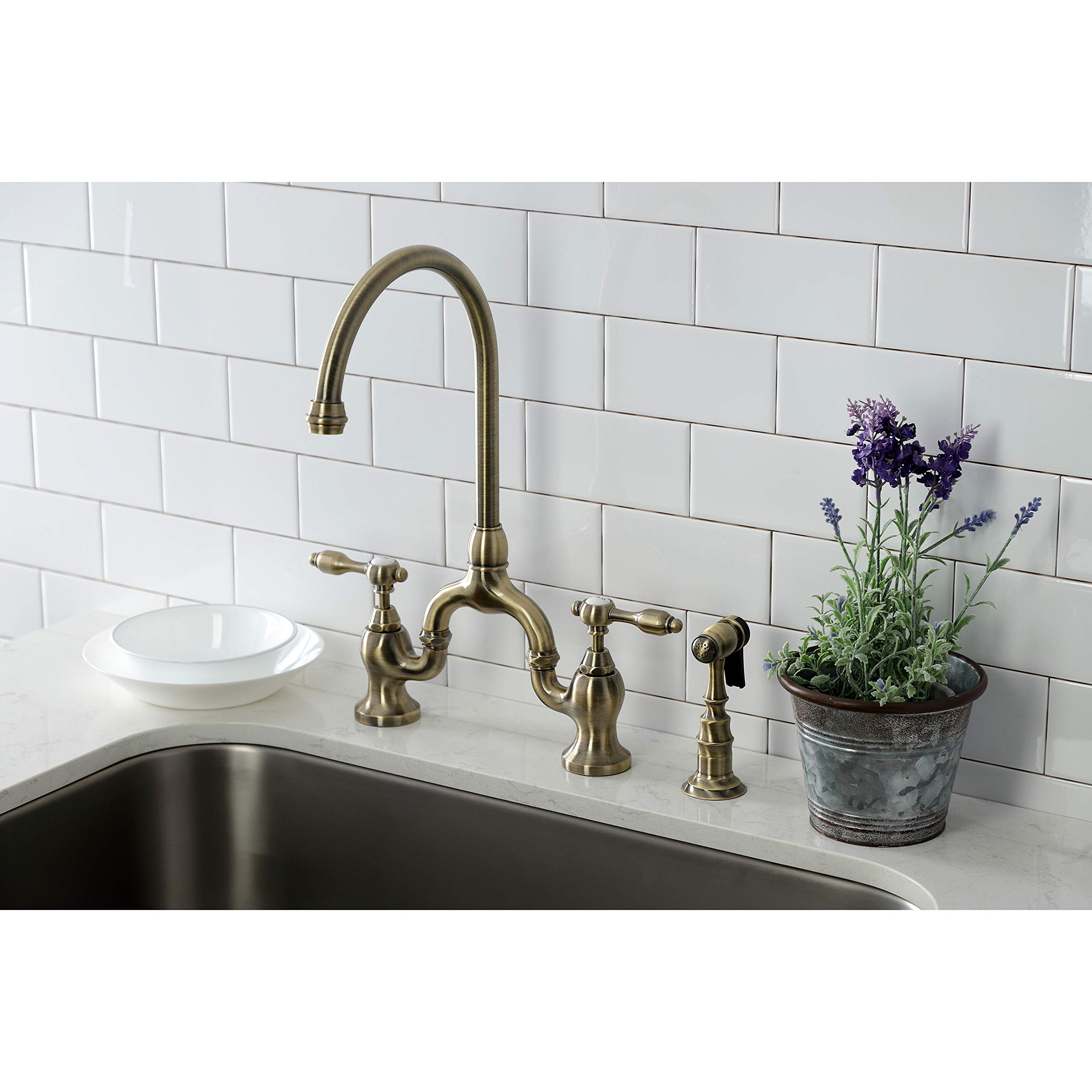 Kingston Brass KS7793TALBS Tudor Bridge Kitchen Faucet, Antique Brass, 13.88 x 7.75 x 16.81