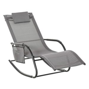 outsunny outdoor rocking chair, chaise lounge pool chair for sun tanning, sunbathing, a rocker with side pocket, armrests & pillow for patio, lawn, beach, gray