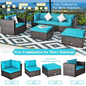 Tangkula 6 Pieces Patio Rattan Sectional Furniture Set, Outdoor Wicker Conversation Set with Glass Coffee Table Sofa Ottoman, Wicker Sofa Set with Back & Seat Cushion for Backyard Garden (Turquoise)