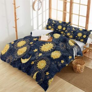 FarmBed Boho Yellow Sun Moon Flowers Stars 3-Piece Bedding Sets Luxury Soft Duvet Cover Queen,Microfiber Bet Comforter Protector with Pillow Shams for Women Men Teens,Bohemian Hippie Art