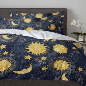 FarmBed Boho Yellow Sun Moon Flowers Stars 3-Piece Bedding Sets Luxury Soft Duvet Cover Queen,Microfiber Bet Comforter Protector with Pillow Shams for Women Men Teens,Bohemian Hippie Art