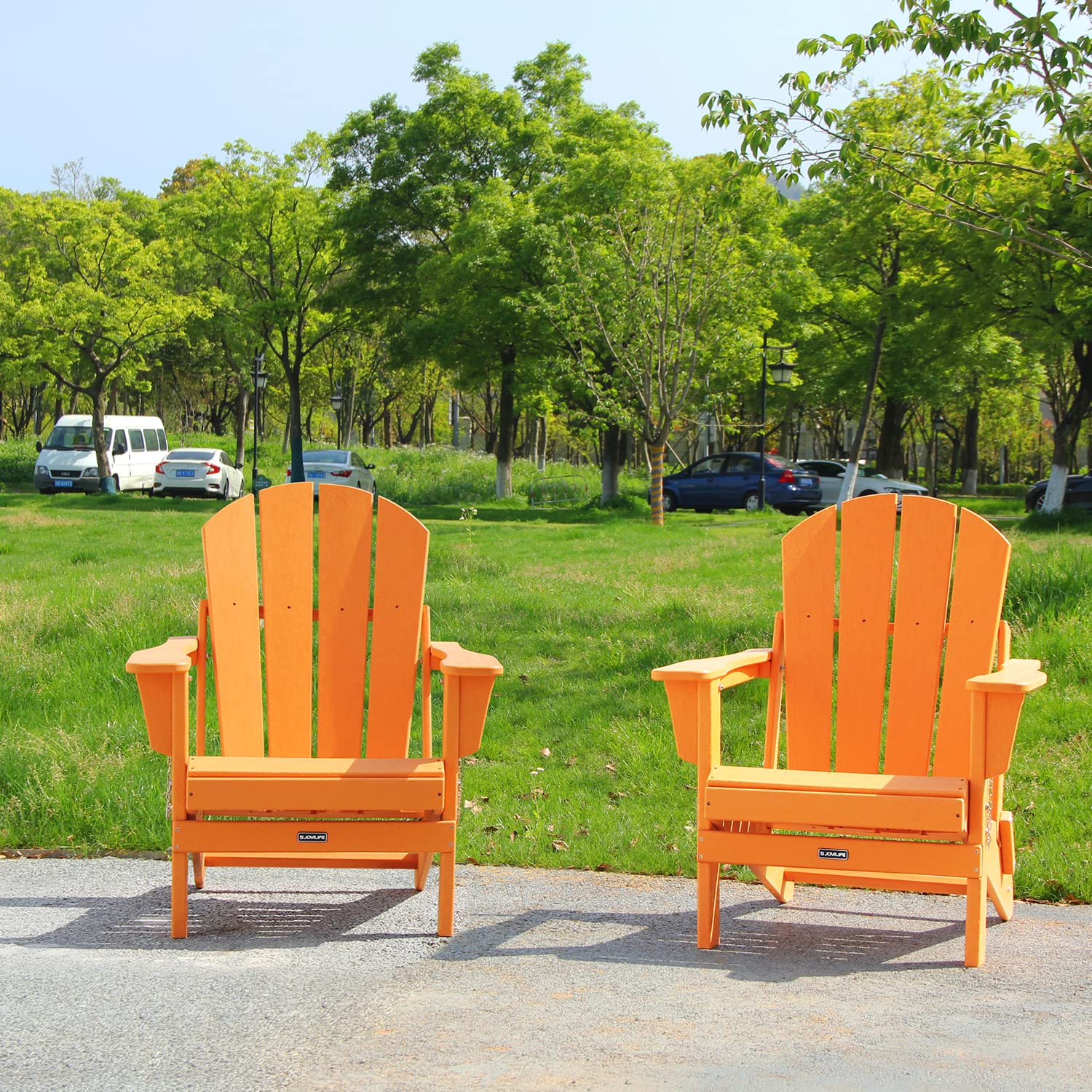 Jovilife Orange Folding Adirondack Chair HDPE Outdoor Patio Chair Beverage Holder Easy Compact Storage Garden Resin Outside Furniture All Weather Resistant Chair Backyard (Orange)