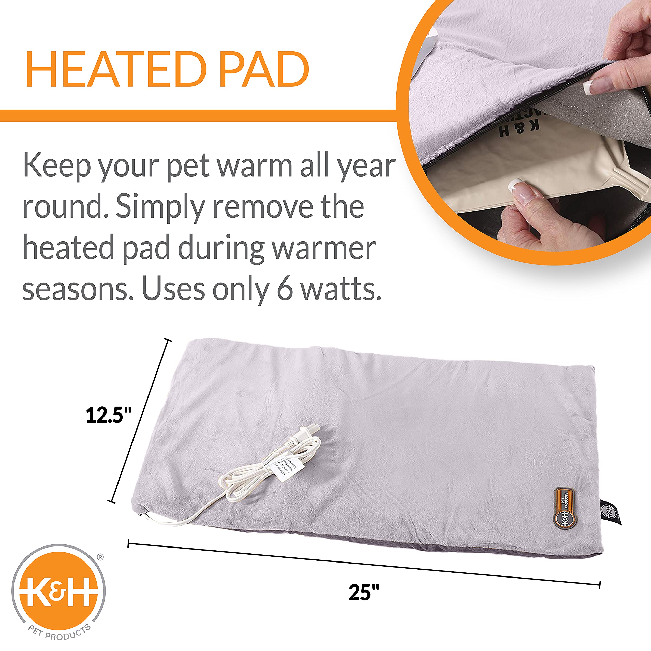 K&H Pet Products Heated Thermo-Kitty Mat, Indoor Heated Cat Bed, Pet Heat Pad for Indoor Cats and Small Dogs, Cat Heating Pad, Electric Thermal Warming Cat Bed Mat, Gray 12.5 X 25 Inches