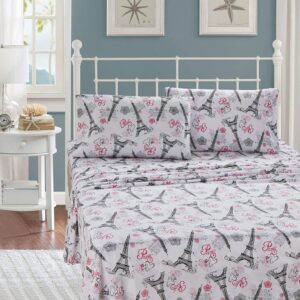 Kids Zone Home Collection Sheet Set Girls/Teens Paris Eiffel Tower Hearts Flowers White Pink Black Pink / White New # Flatscreen Paris (White, Full)