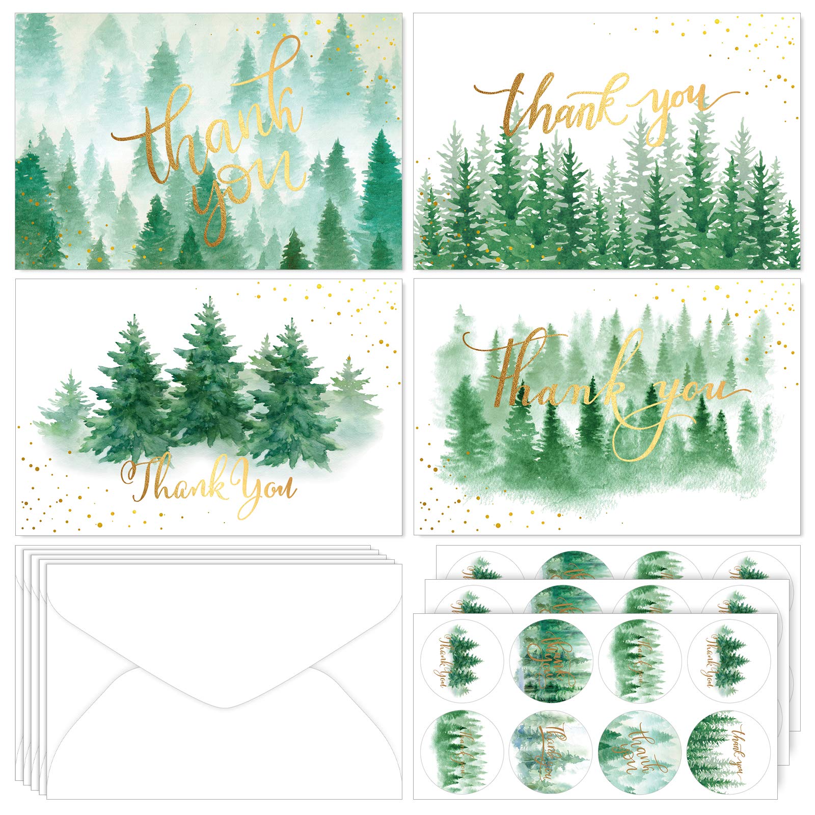 Whaline 32 Pack Christmas Forest Thank You Cards with Envelopes & Stickers Green Forest Xmas Thank You Cards Set Gold Foil Watercolor Holiday Greeting Cards for Wedding Baby Shower Birthday