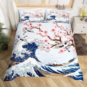 feelyou cherry blossoms bedding set chic crane duvet cover for kids girls women ocean wave decor comforter cover pink japanese ukiyoe theme bedspread cover with 2 pillowcases 3pcs bedding queen