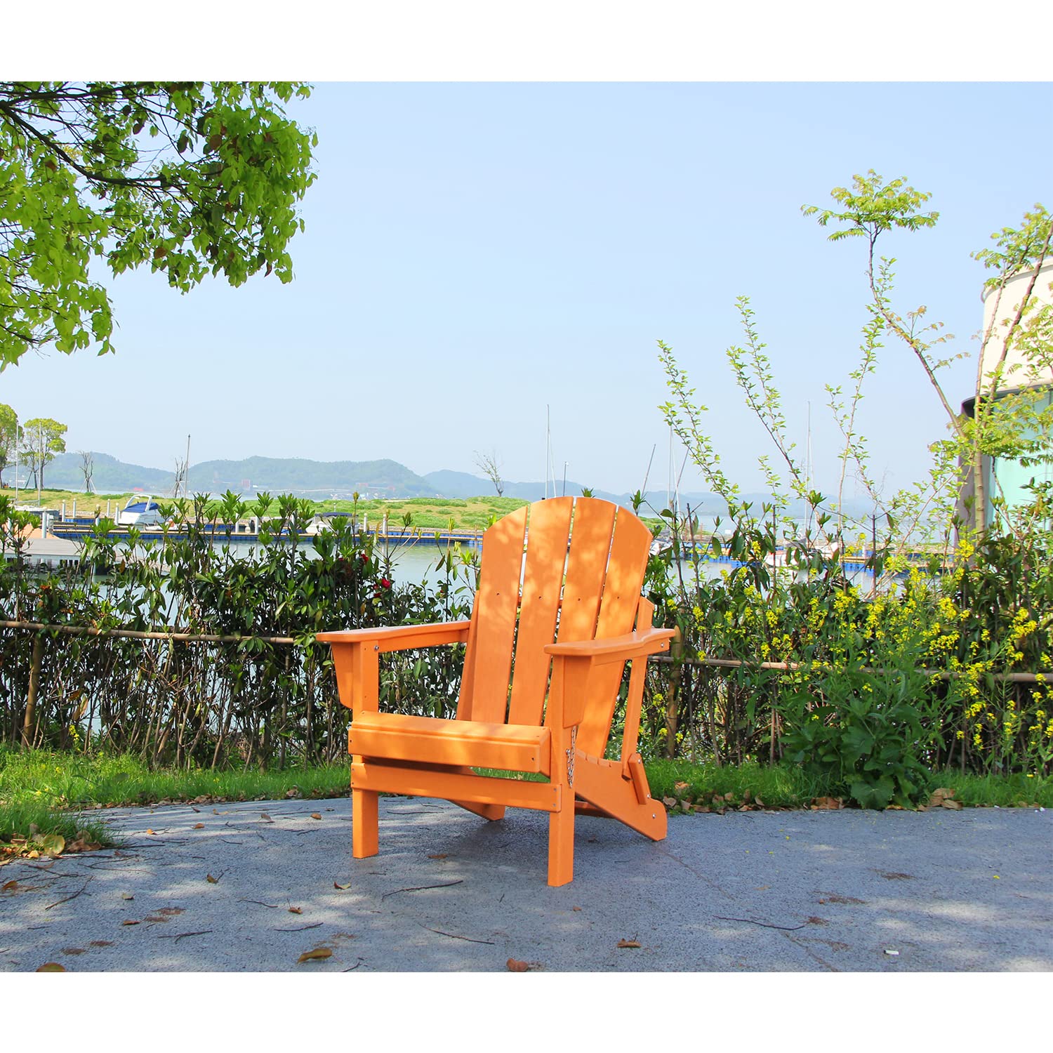 Jovilife Orange Folding Adirondack Chair HDPE Outdoor Patio Chair Beverage Holder Easy Compact Storage Garden Resin Outside Furniture All Weather Resistant Chair Backyard (Orange)