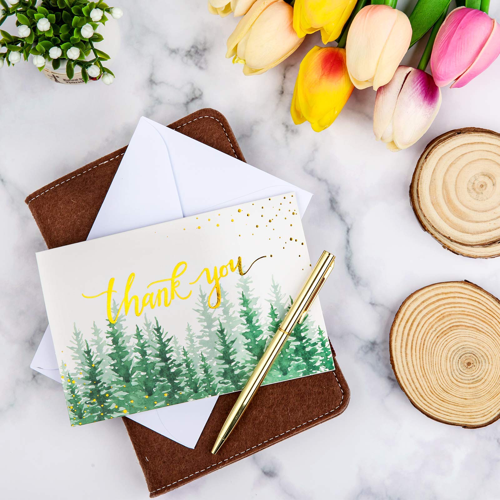 Whaline 32 Pack Christmas Forest Thank You Cards with Envelopes & Stickers Green Forest Xmas Thank You Cards Set Gold Foil Watercolor Holiday Greeting Cards for Wedding Baby Shower Birthday