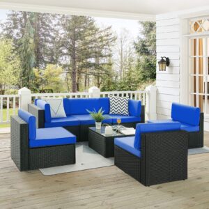 Waleaf 7 Pieces Outdoor Furniture Rattan Sectional Patio Sofa, Outdoor Indoor Backyard Porch Garden Poolside Balcony Wicker Conversation Set with Table (Dark Blue)