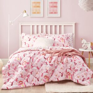 umchord unicorn kids bedding set for girls, 5 pieces twin size bed in a bag, super soft lightweight comforter set with sheets, durable children bed set