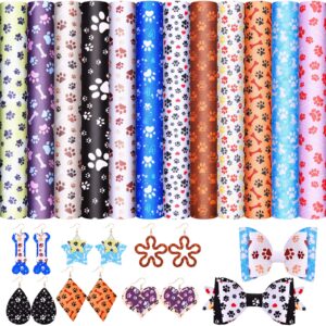 12 pieces paw print faux leather sheets animal footprint faux leather puppy cat bone pu printed leather sheets for making earrings, hair bows, diy crafts, 6.3 x 8.3 inches, assorted colors