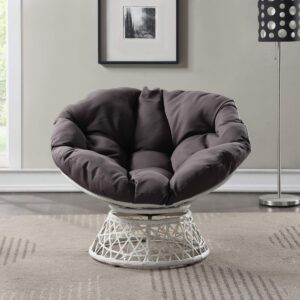 OSP Home Furnishings Wicker Papasan Chair with 360-Degree Swivel, Cream Frame with Grey Cushion