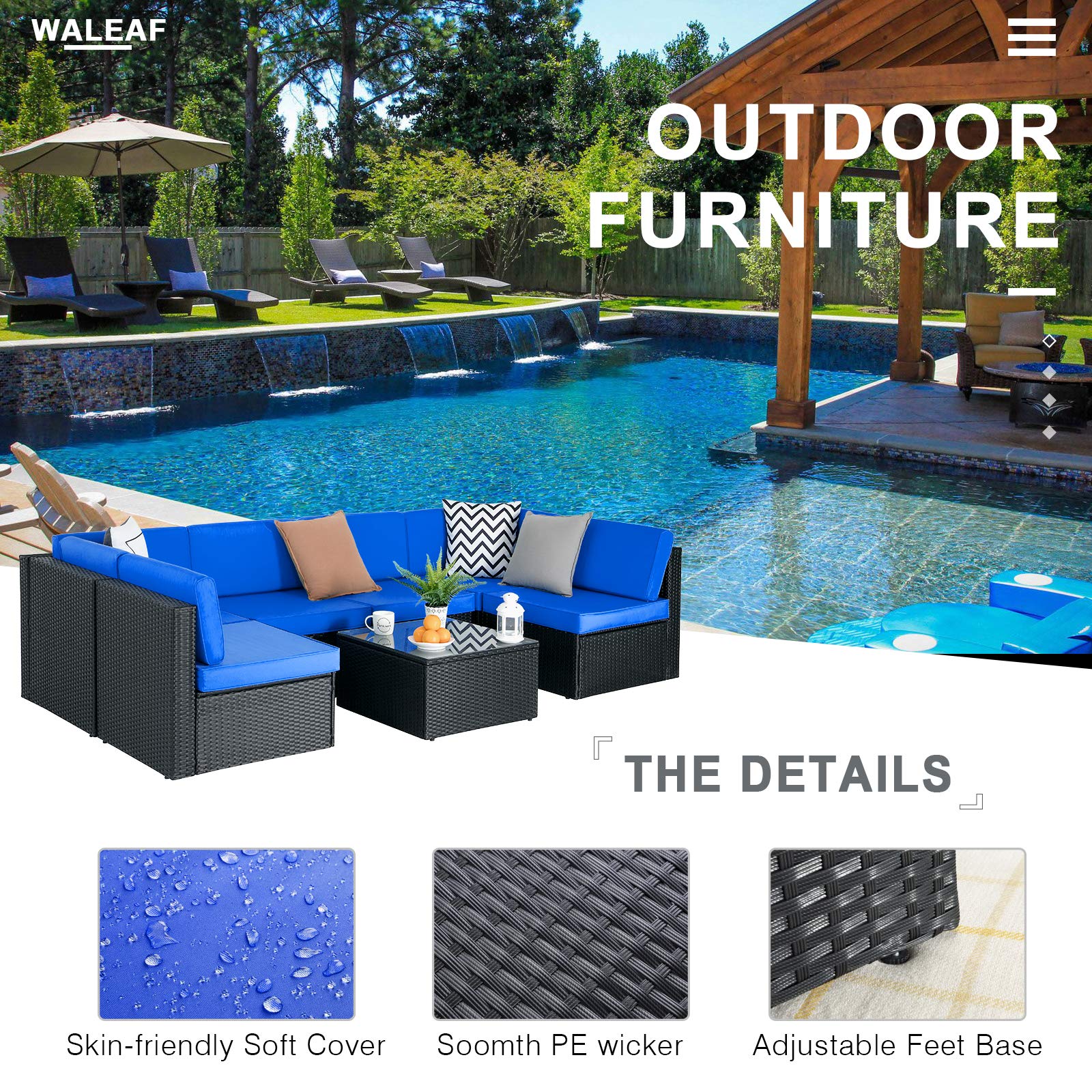 Waleaf 7 Pieces Outdoor Furniture Rattan Sectional Patio Sofa, Outdoor Indoor Backyard Porch Garden Poolside Balcony Wicker Conversation Set with Table (Dark Blue)