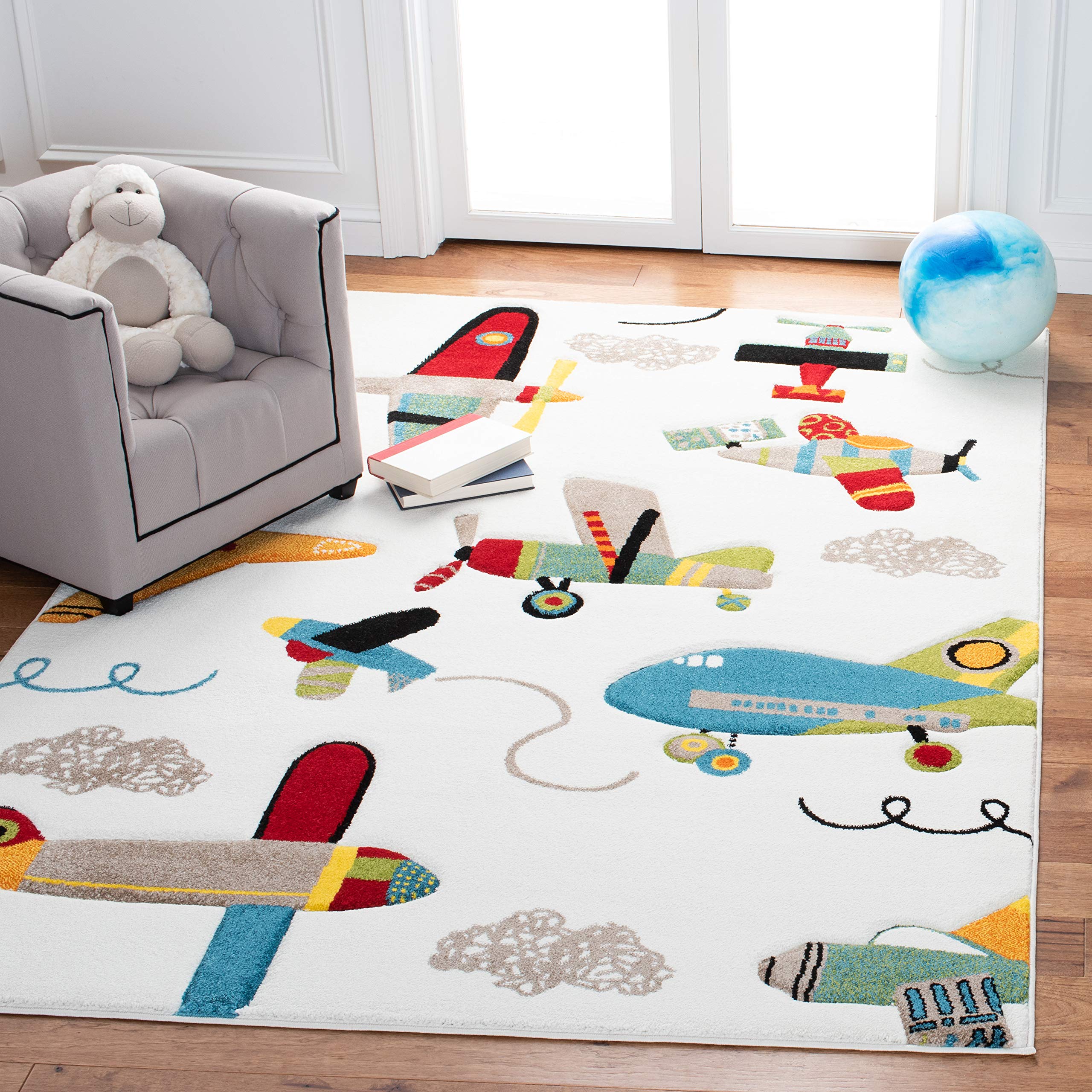 SAFAVIEH Carousel Kids Collection Area Rug - 8' x 10', Ivory & Blue, Non-Shedding & Easy Care, Ideal for High Traffic Areas for Boys & Girls in Playroom, Nursery, Bedroom (CRK167A)