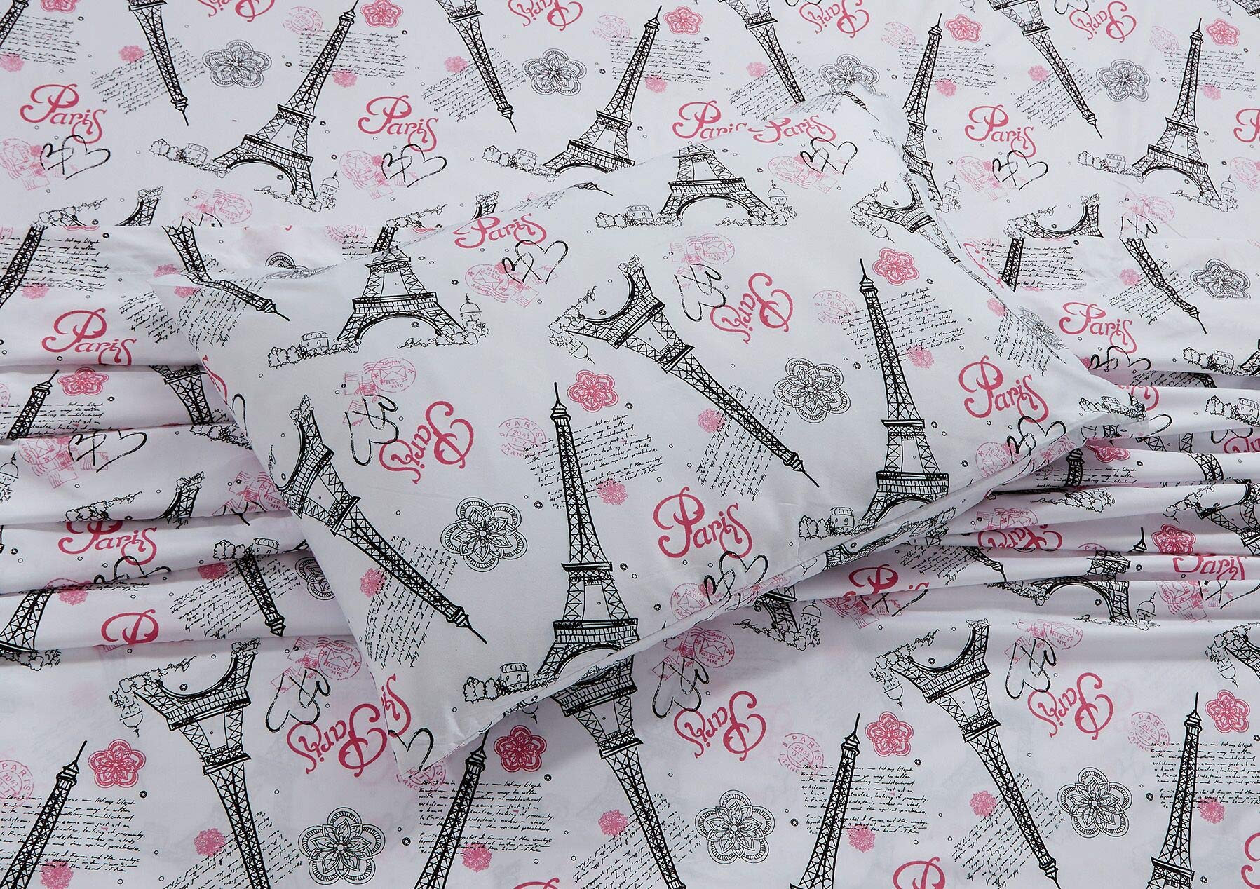 Kids Zone Home Collection Sheet Set Girls/Teens Paris Eiffel Tower Hearts Flowers White Pink Black Pink / White New # Flatscreen Paris (White, Full)