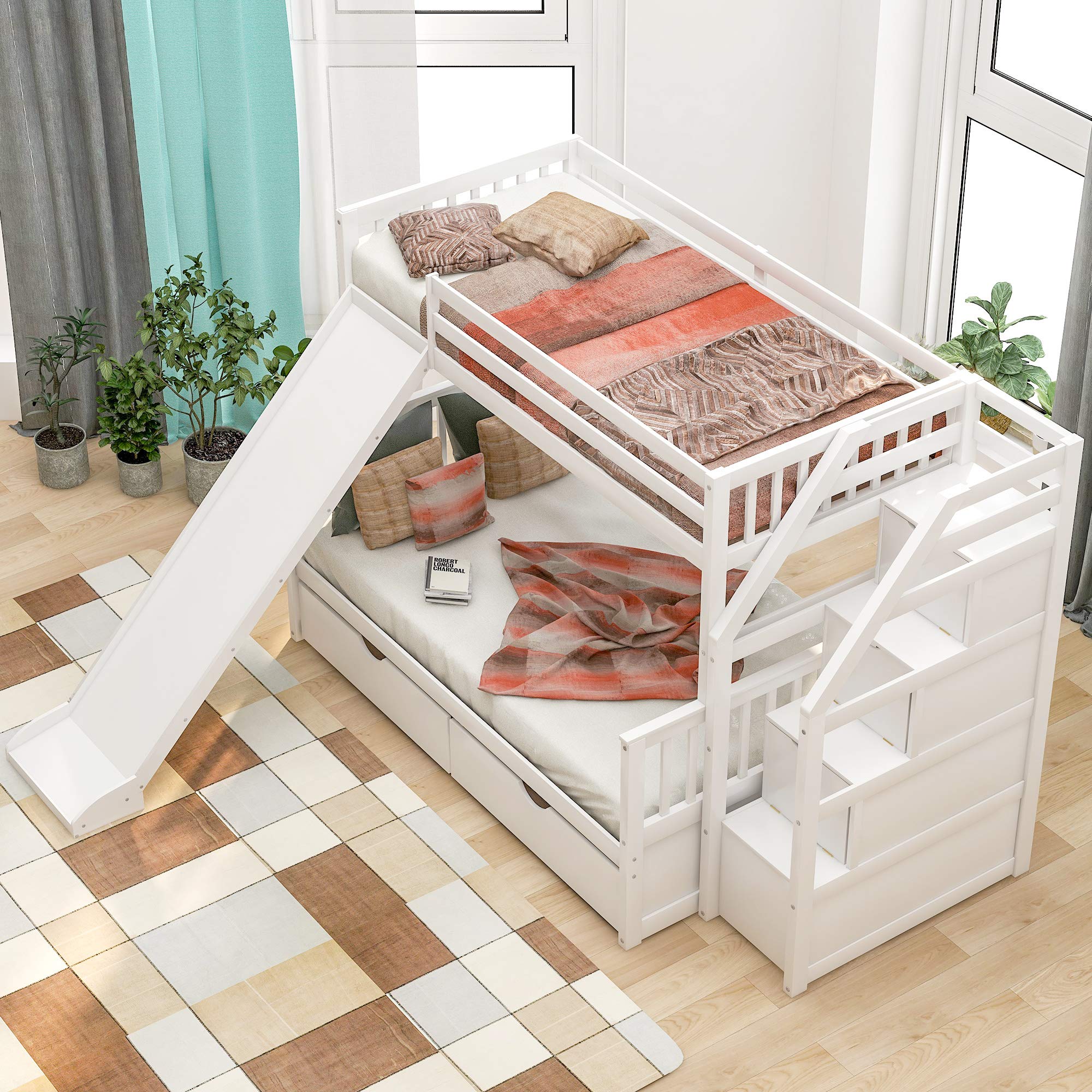 GAOWEI Twin Over Full Bunk Bed with Drawers, Storage and Slide, Multifunction Wood Loft Bed for Kids, Adults (White)