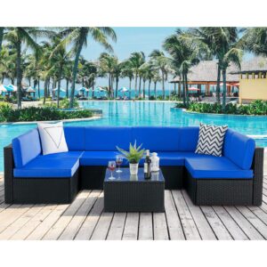 Waleaf 7 Pieces Outdoor Furniture Rattan Sectional Patio Sofa, Outdoor Indoor Backyard Porch Garden Poolside Balcony Wicker Conversation Set with Table (Dark Blue)