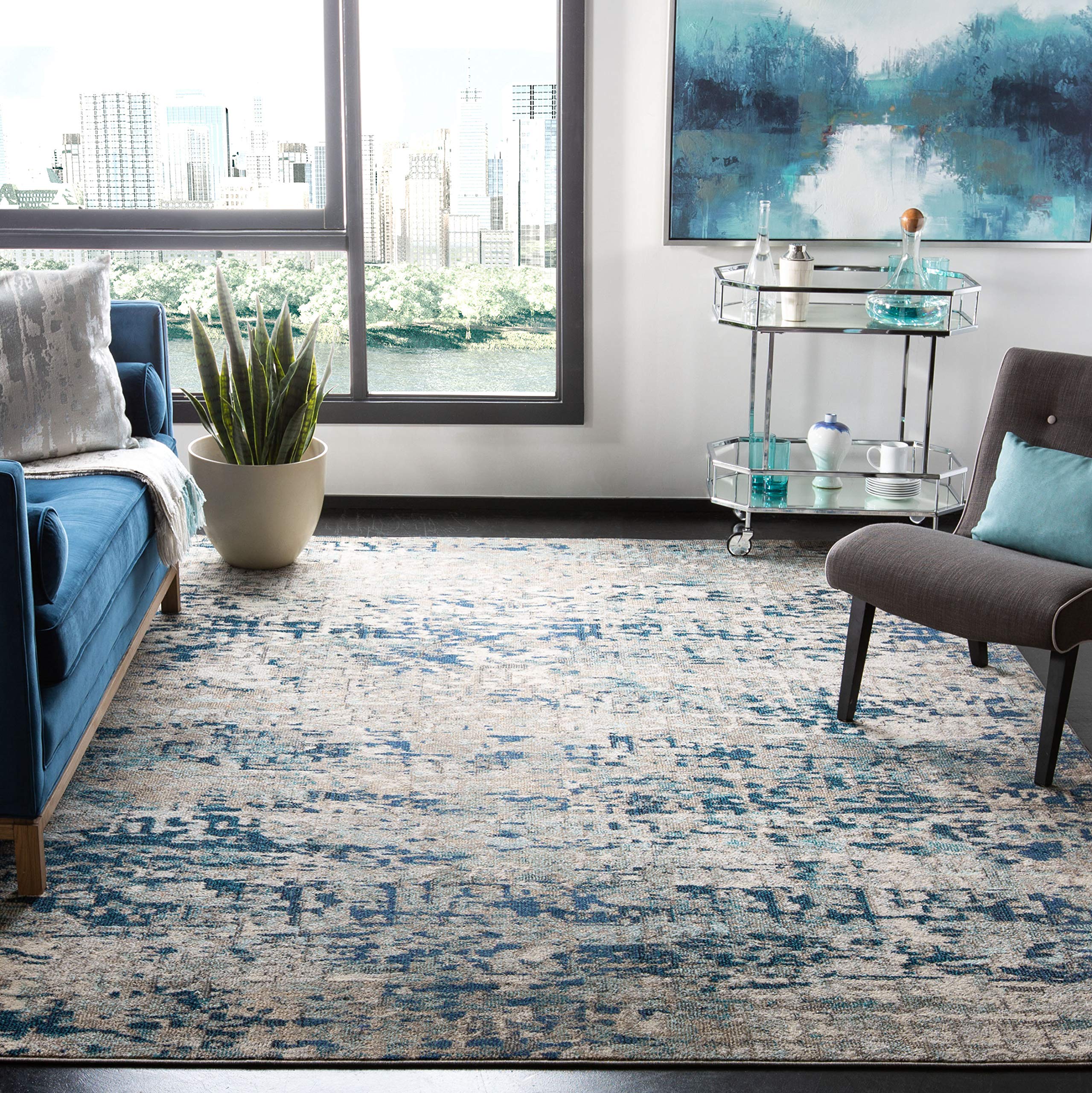 SAFAVIEH Madison Collection Area Rug - 8' Square, Grey & Blue, Modern Abstract Design, Non-Shedding & Easy Care, Ideal for High Traffic Areas in Living Room, Bedroom (MAD460K)