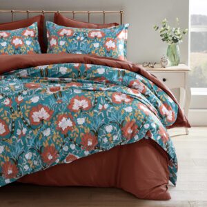 get bed ready vintage damask ornate scroll medallion luxury duvet cover floral paisley print bedding set 400 thread count egyptian cotton sateen colorful bohemian pattern (teal rust, queen)