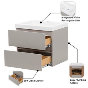 Spring Mill Cabinets Innes 24 Inch Floating Bathroom Vanity with White Single Sink Top, 2 Soft-Close Drawers, 24.5" W x 18.75" D x 22.25" H, Gray