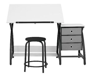 sd studio designs 2 piece comet center plus, craft table and matching stool set with storage and adjustable top, black/white, 50x23.75x29.5 inches