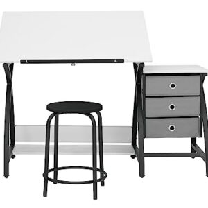 SD STUDIO DESIGNS 2 Piece Comet Center Plus, Craft Table and Matching Stool Set with Storage and Adjustable Top, Black/White, 50x23.75x29.5 inches