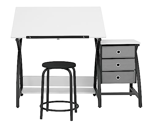 SD STUDIO DESIGNS 2 Piece Comet Center Plus, Craft Table and Matching Stool Set with Storage and Adjustable Top, Black/White, 50x23.75x29.5 inches