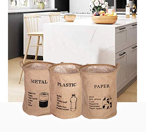 Natural Jute Recycling Bin Bag, Waste Bin Bags Basket for Home Kitchen Office - Round Reusable Recycle Garbage Trash Sorting Bins Organizer Baskets Recycling Container for Plastics