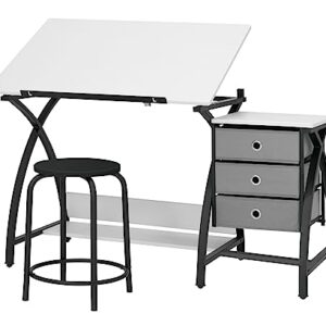 SD STUDIO DESIGNS 2 Piece Comet Center Plus, Craft Table and Matching Stool Set with Storage and Adjustable Top, Black/White, 50x23.75x29.5 inches