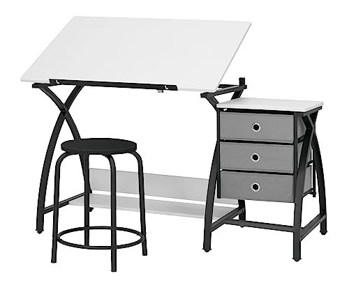 SD STUDIO DESIGNS 2 Piece Comet Center Plus, Craft Table and Matching Stool Set with Storage and Adjustable Top, Black/White, 50x23.75x29.5 inches