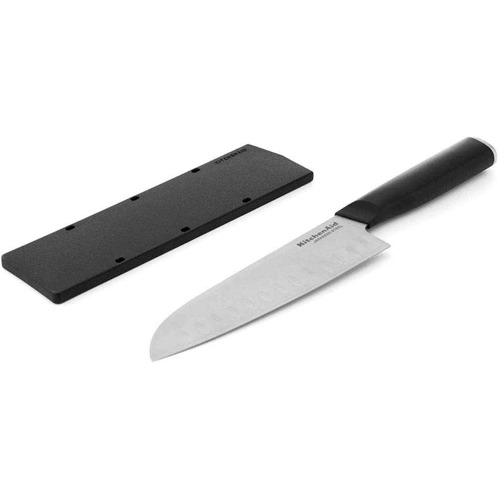 KitchenAid Classic Santoku Knife with Custom-Fit Blade Cover, 7-inch, Sharp Kitchen Knife, High-Carbon Japanese Stainless Steel, Black