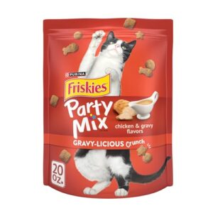 purina friskies cat treats, party mix gravy-licious crunch chicken and gravy flavors - 20 oz. pouch