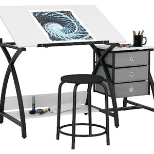 SD STUDIO DESIGNS 2 Piece Comet Center Plus, Craft Table and Matching Stool Set with Storage and Adjustable Top, Black/White, 50x23.75x29.5 inches