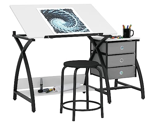 SD STUDIO DESIGNS 2 Piece Comet Center Plus, Craft Table and Matching Stool Set with Storage and Adjustable Top, Black/White, 50x23.75x29.5 inches