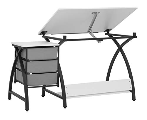 SD STUDIO DESIGNS 2 Piece Comet Center Plus, Craft Table and Matching Stool Set with Storage and Adjustable Top, Black/White, 50x23.75x29.5 inches