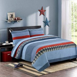 Cozy Line Home Fashions Navy Blue Red Striped Boy 100% Cotton Reversible Quilt Bedding Set, Reversible Coverlet, Bedspread (Varsity, Queen - 3 Piece)