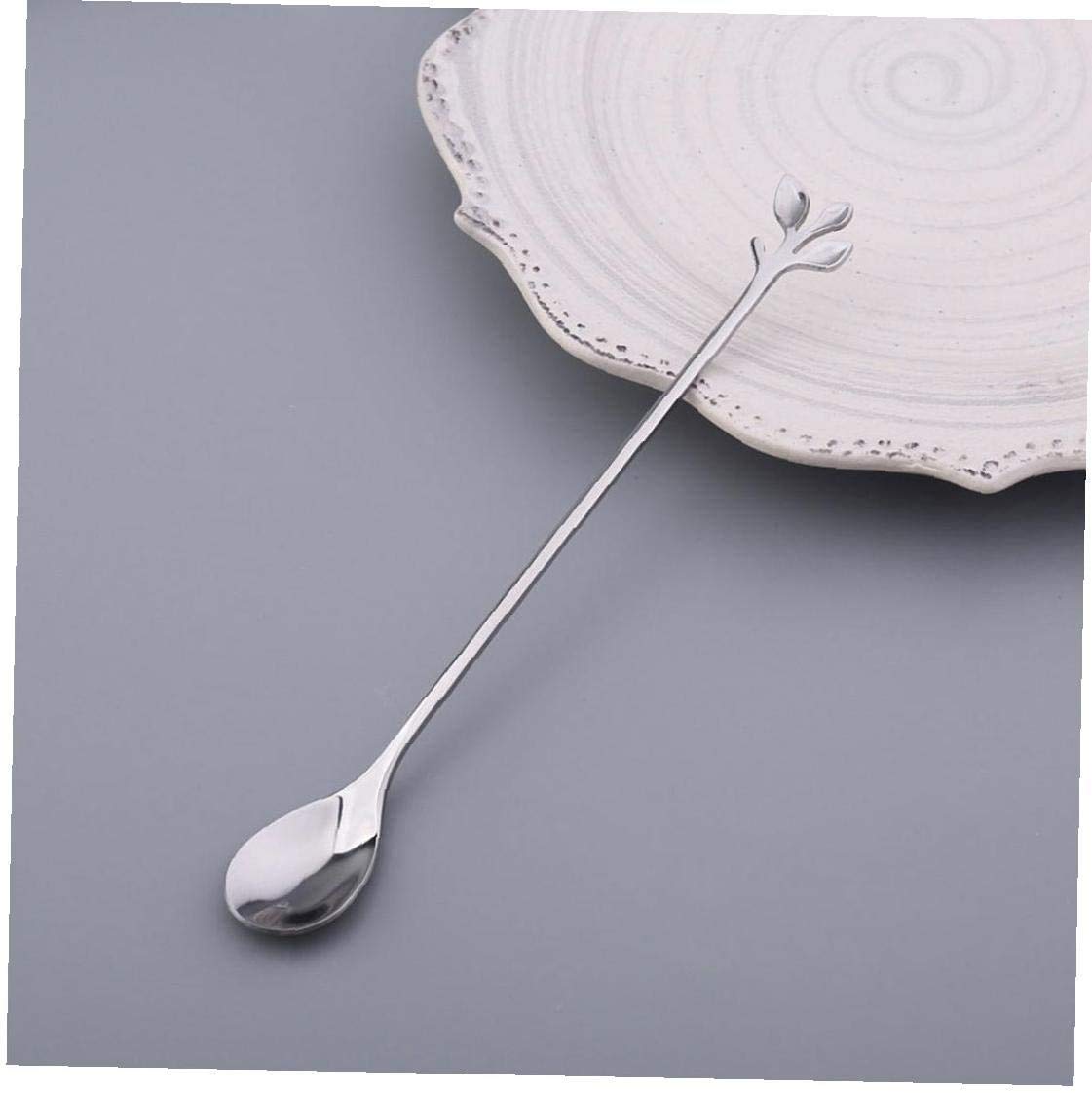 Long Handle Iced Tea Spoons Set of 6, Comicfs 7.6" Ice Cream Spoon, Creative Silver Leaf Cocktail Stirring Spoons, Premium Food Grade Stainless Steel, Mirror Finish & Dishwasher Safe (6 Pcs, Silver)