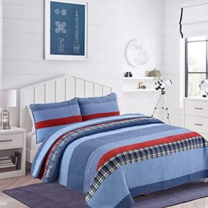 cozy line home fashions navy blue red striped boy 100% cotton reversible quilt bedding set, reversible coverlet, bedspread (varsity, queen - 3 piece)