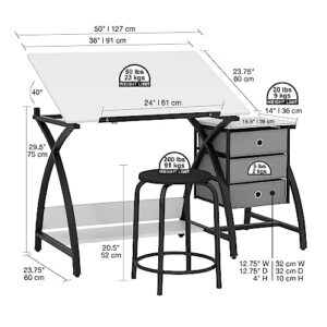 SD STUDIO DESIGNS 2 Piece Comet Center Plus, Craft Table and Matching Stool Set with Storage and Adjustable Top, Black/White, 50x23.75x29.5 inches