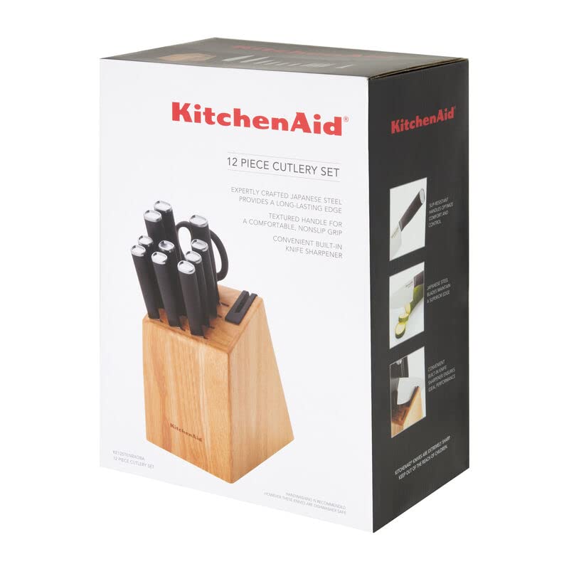 KitchenAid Classic 12 Piece Knife Block Set with Built in Knife Sharpener, High Carbon Japanese Stainless Steel Kitchen Knives, Sharp Kitchen Knife Set with Block, Rubberwood