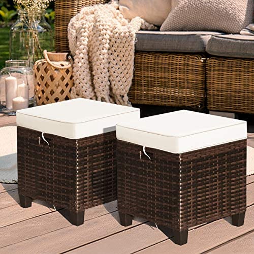 LDAILY Moccha 2 Pieces Patio Outdoor Ottoman, All Weather Rattan Patio Ottoman Set w/Removable Cushions, Footrest Seat Outdoor Footstool (Cream)