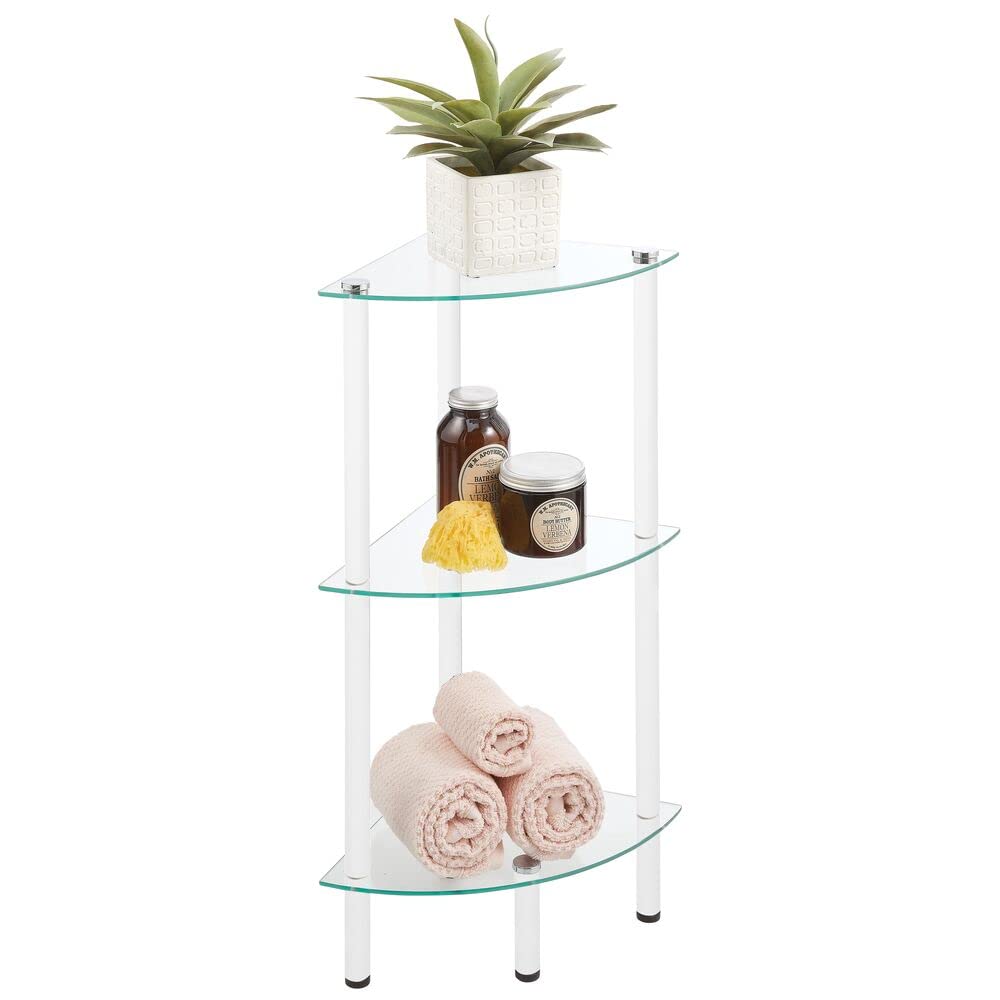 mDesign Modern Glass Corner 3-Tier Storage Organizer Tower Cabinet with Open Shelves - Household Furniture for Bathroom, Office, Bedroom, Living Room - Holds Books, Plants, Candles - White/Clear